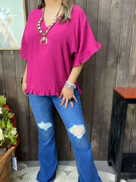 Magenta cotton ruffle trim top – Shop Southern Charm