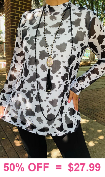 Black and White cow print top with sheer long sleeves – Shop Southern Charm