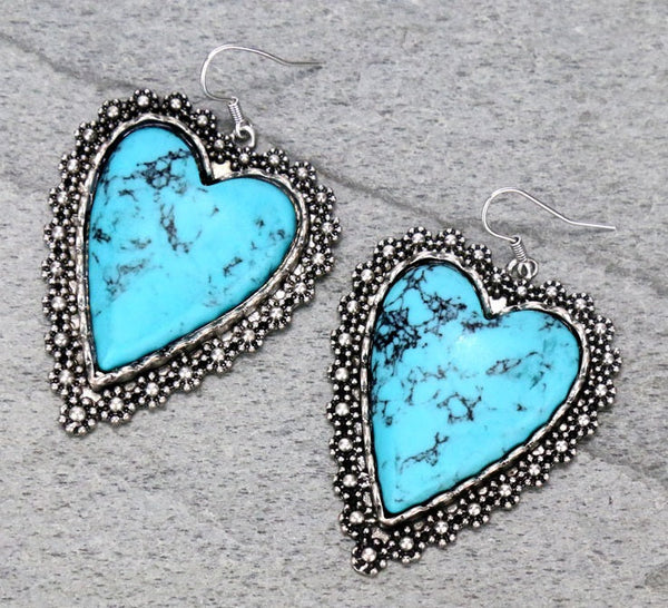 Turquoise stone heart earrings silver trim – Shop Southern Charm